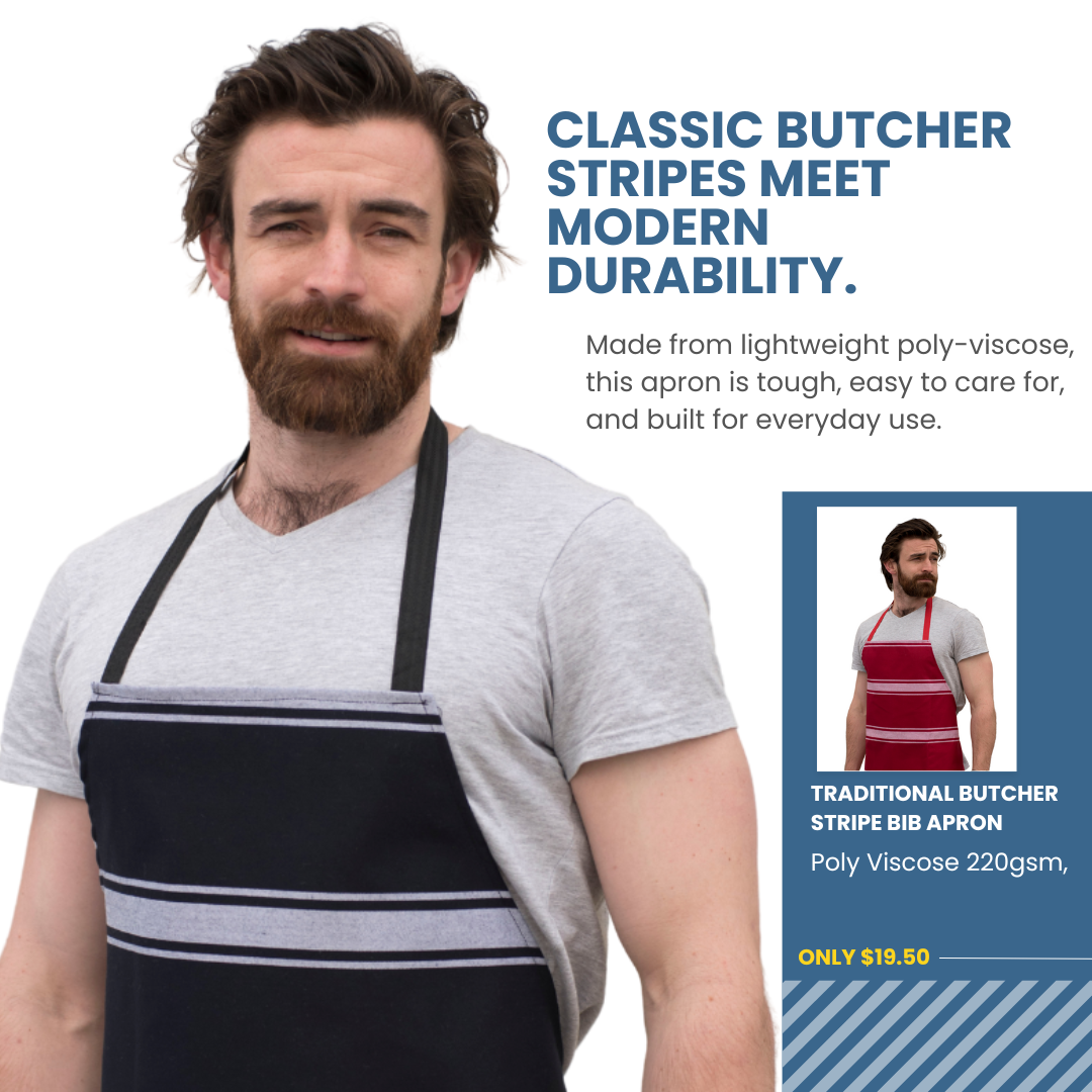 Traditional Butcher Stripe Bib Apron – Durable Poly Viscose 220gsm – PSC TRADING PTY LTD